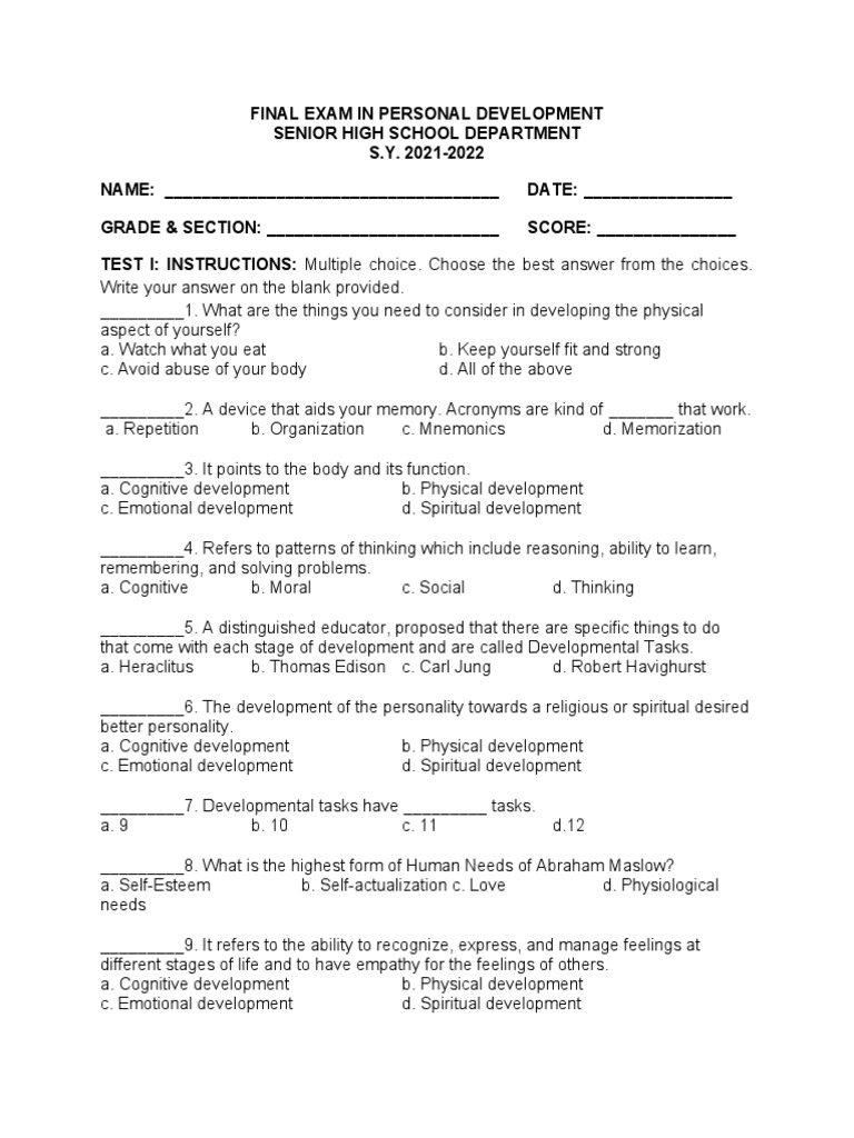 Final Exam in Personal Development | PDF | Relationships | Child ...