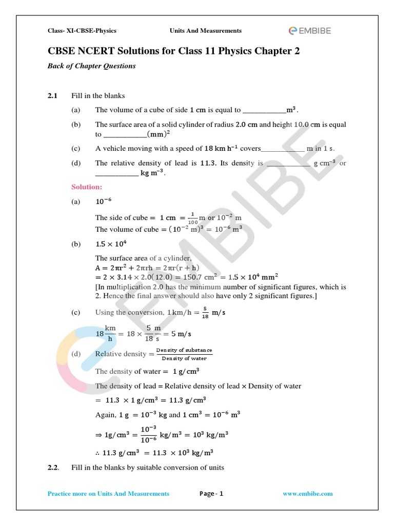 CBSE NCERT Solutions For Class 11 Physics Chapter 2: Back of Chapter Questions | PDF ...