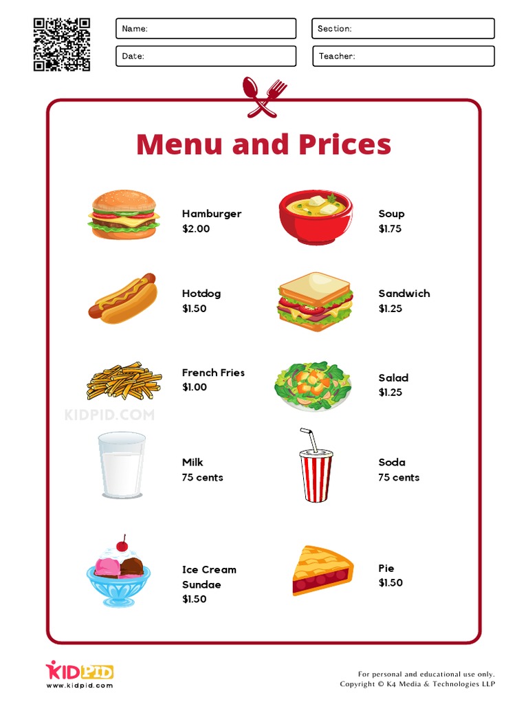 Colored Menu Math Printable Worksheets For Kids | PDF | Hamburgers | Cream