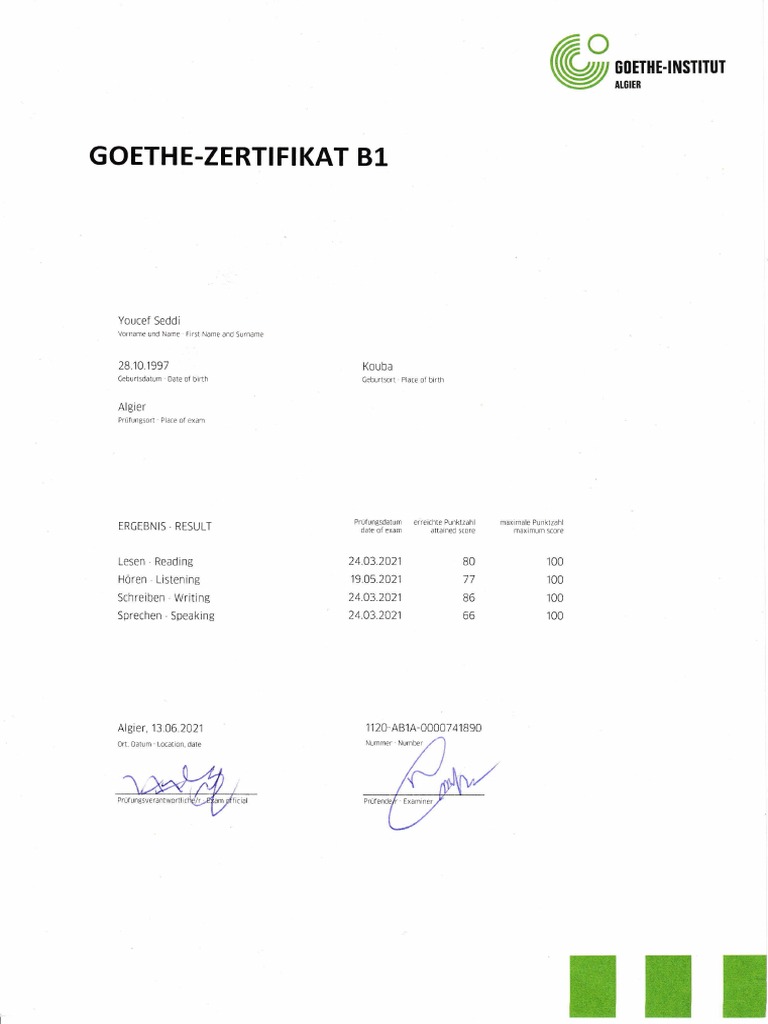 Goethe B1 Certificate Sample Document | PDF