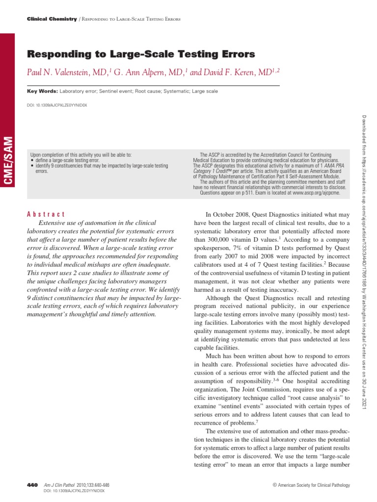Responding To Large-Scale Testing Errors: Paul N. Valenstein, MD, G ...