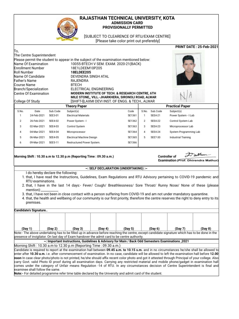 5th Sem Admit Card Devendra | PDF