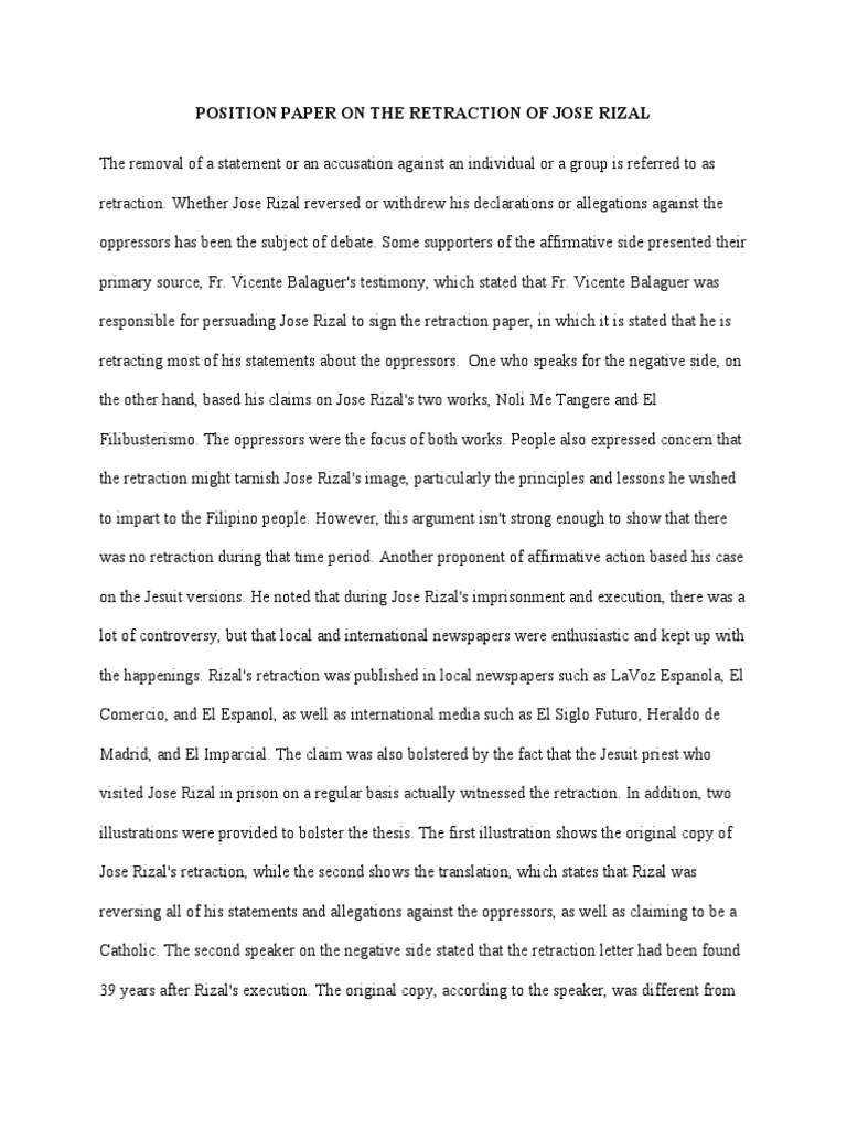 Position Paper On The Retraction of Jose Rizal | PDF