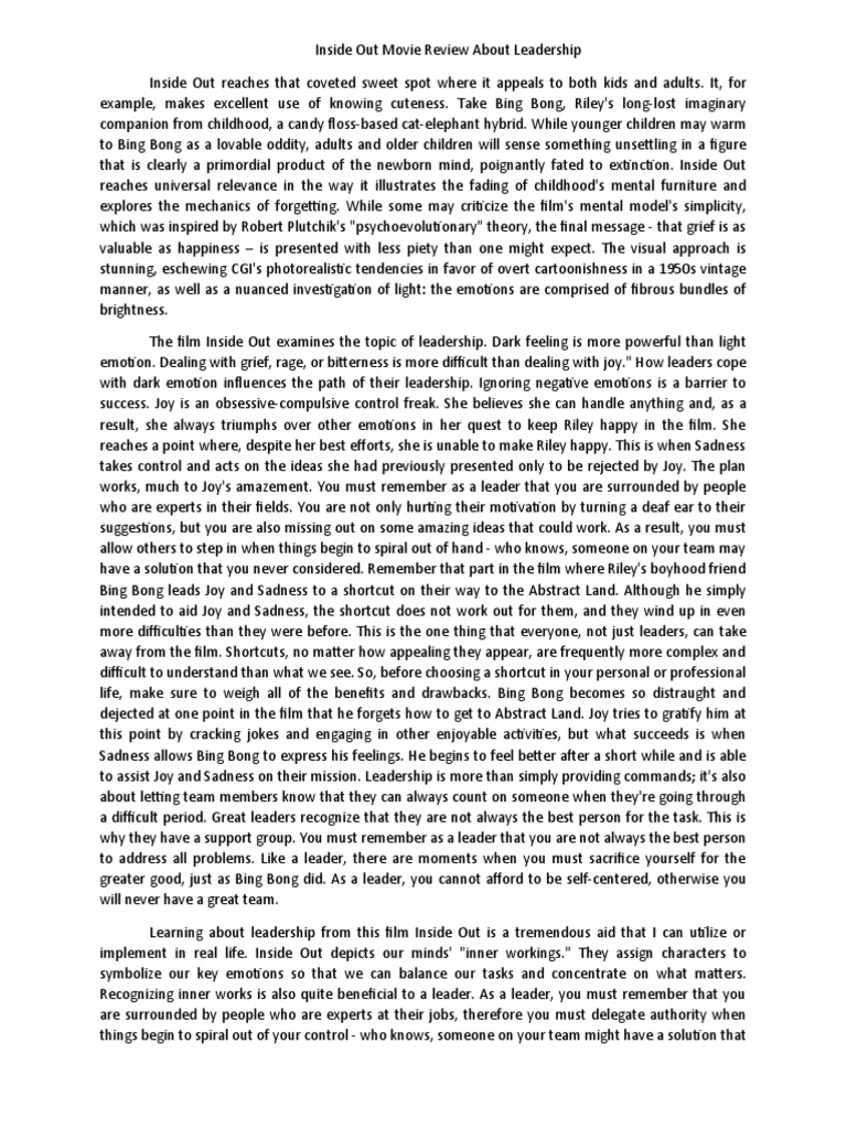 Inside Out Movie Review | PDF | Emotions | Leadership