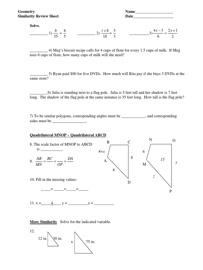 B T X X: Geometry Name - Similarity Review Sheet Date - Solve | PDF ...