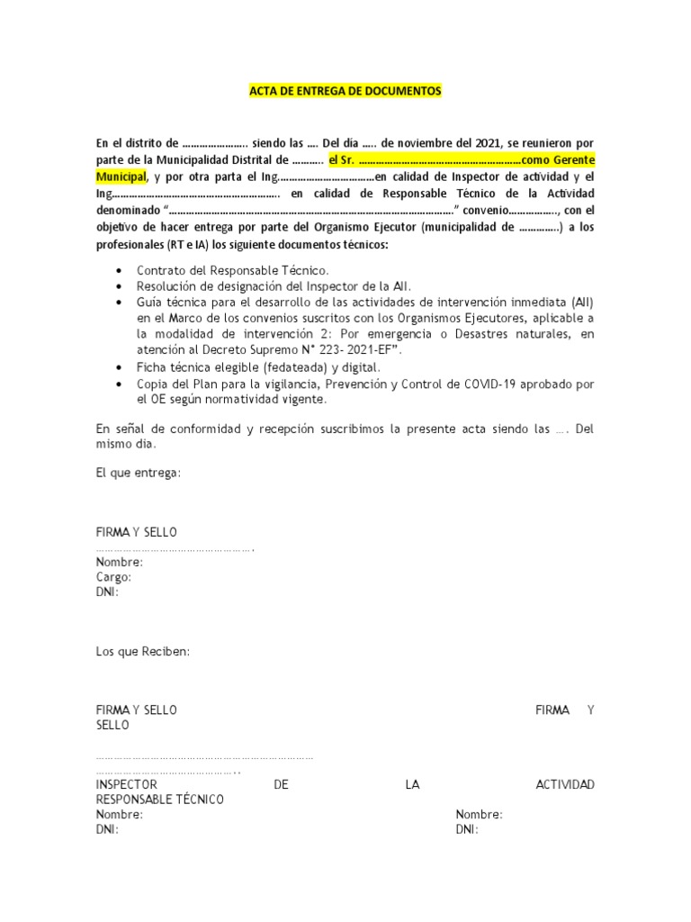 Modelo de Acta de Entrega de Documentos | PDF
