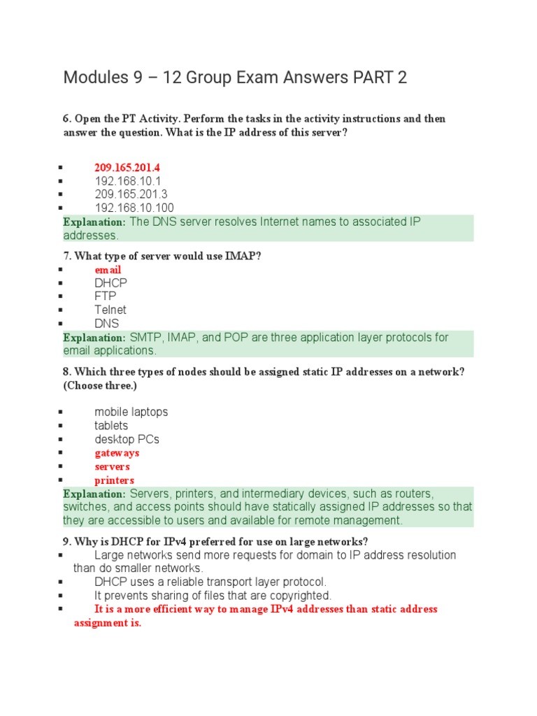 Modules 9 - 12 Group Exam Answers PART 2 | PDF | Ip Address | Computer ...