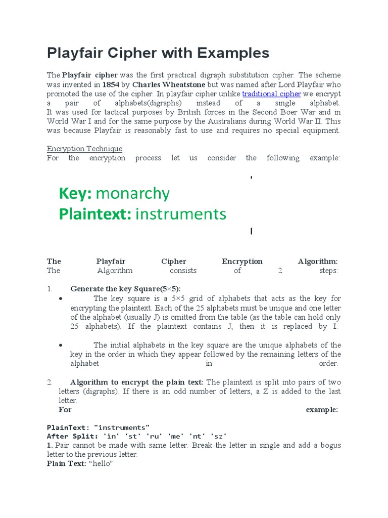 Playfair Cipher With Examples | PDF | Secrecy | Cryptography Playfair Cipher With Examples | PDF | Secrecy | Cryptography