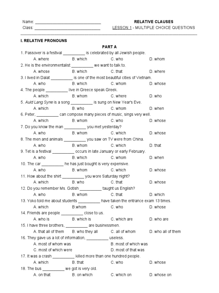 Relative Clauses - 1 - Multiple Choice | PDF
