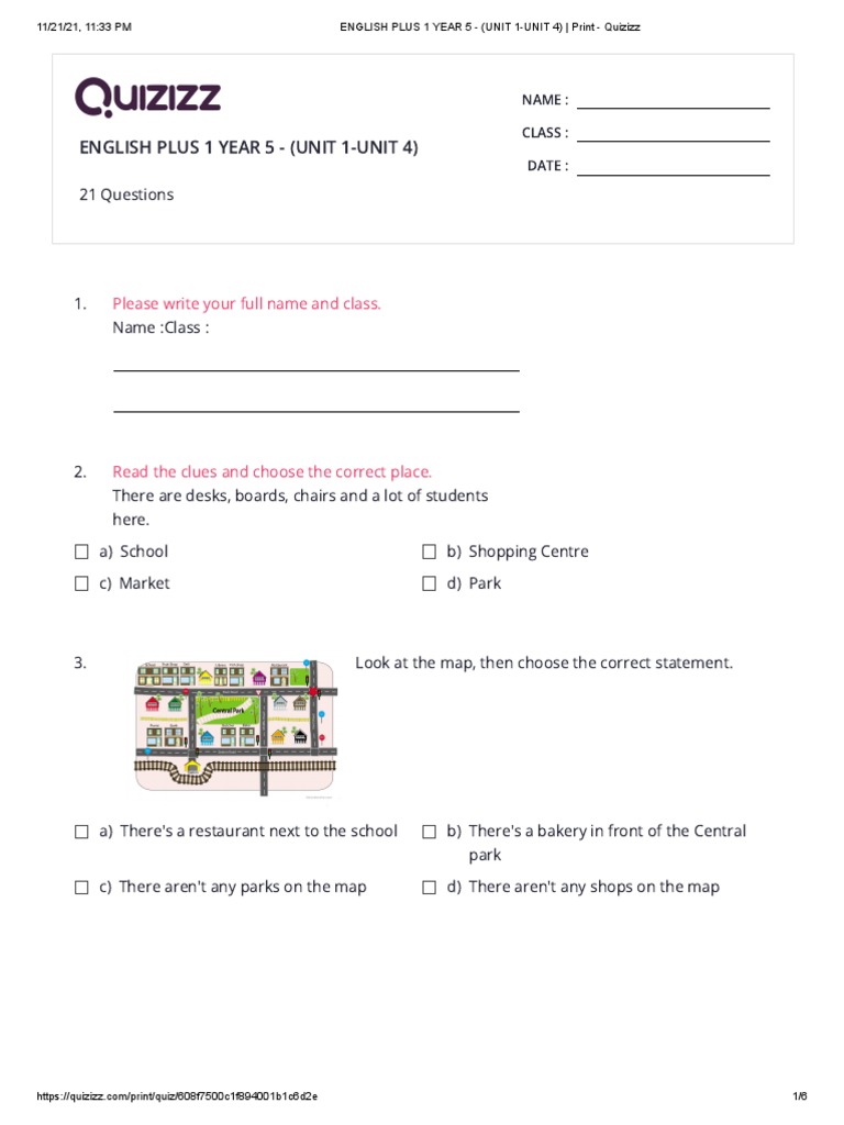 English Plus 1 Year 5 Unit 1-4 Quiz | PDF | English Language