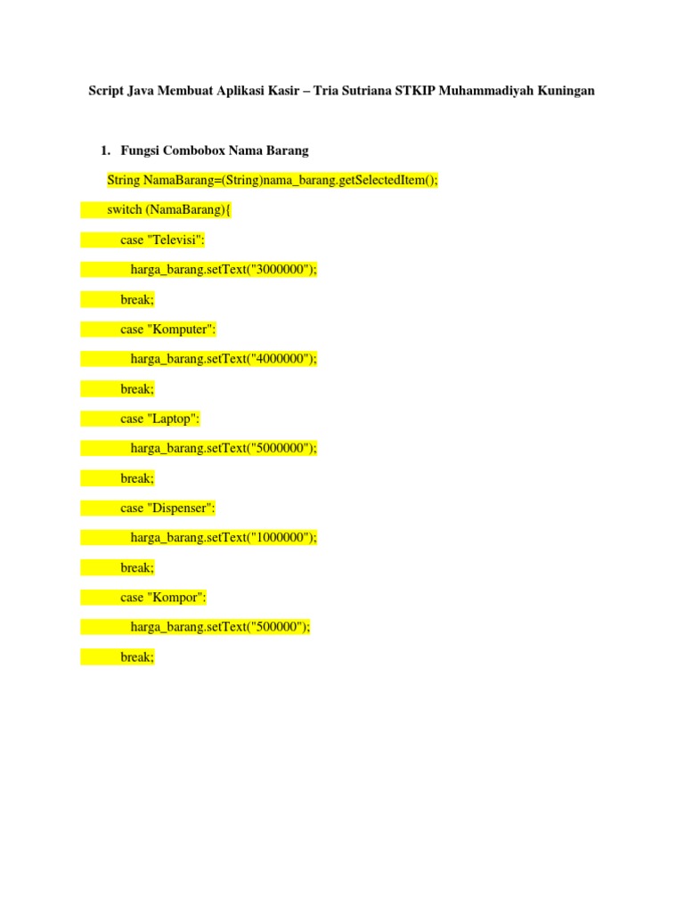 Script Java Membuat Aplikasi Kasir - Tria Sutriana STKIP Muhammadiyah Kuningan | PDF