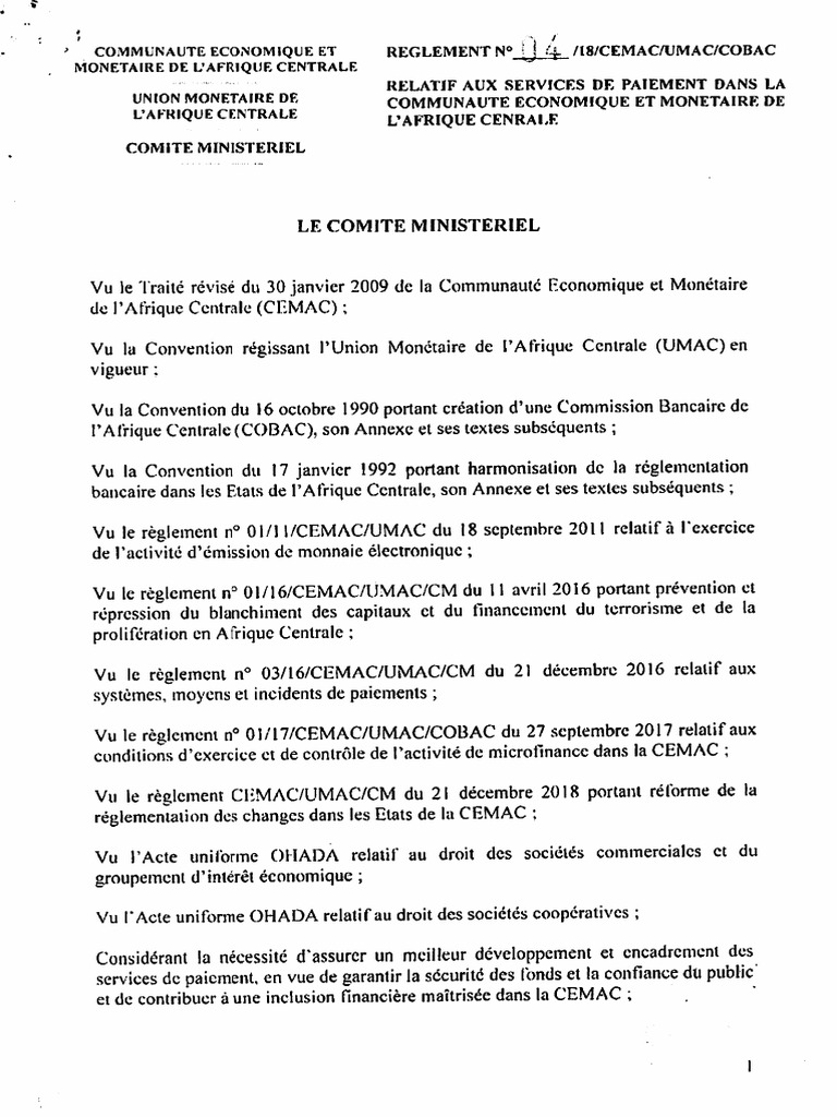 REGLEMENT N 04 18 CEMAC UMAC COBAC Du 21 Décembre 2018 | PDF