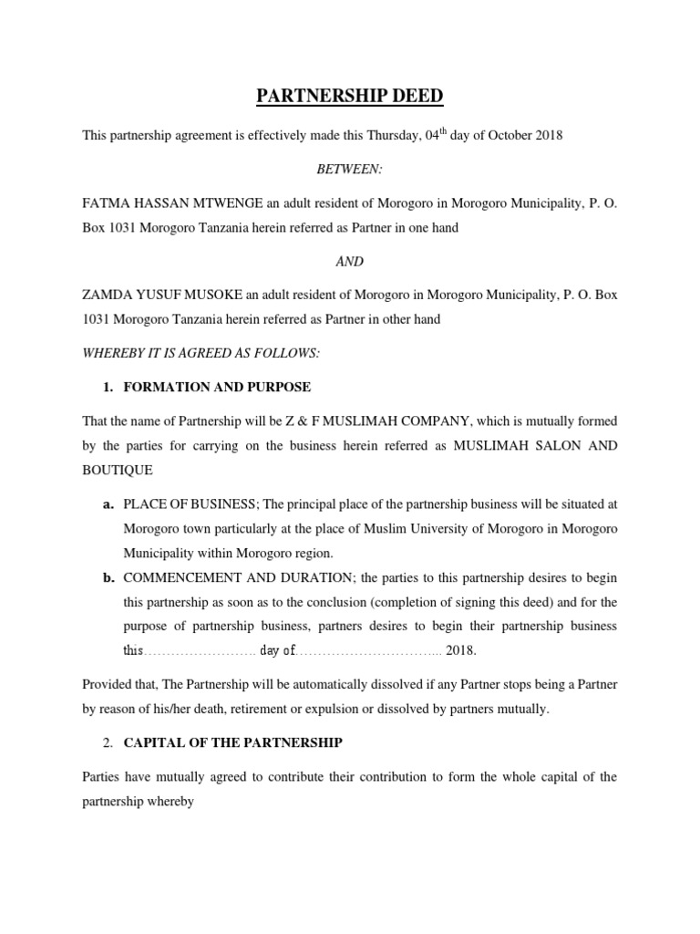 Partnership Deed Sample | PDF | Partnership | Indemnity