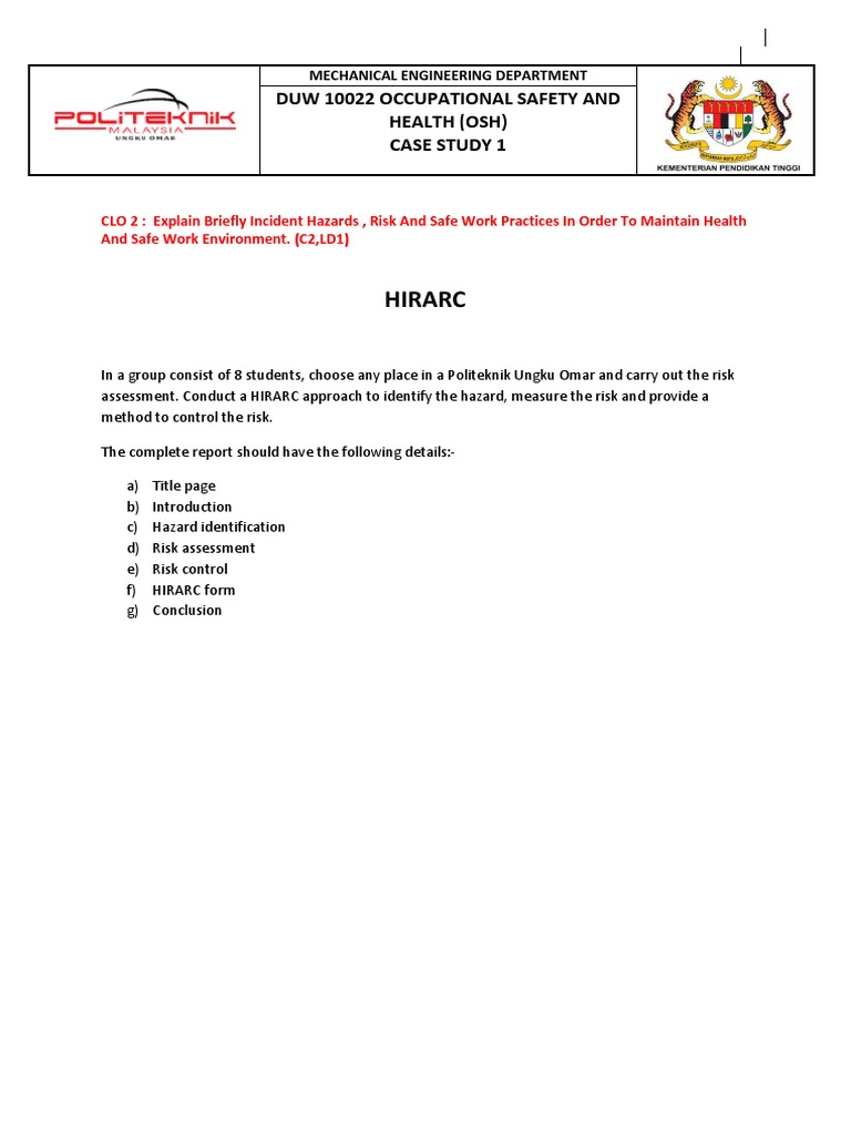 Hirarc: Duw 10022 Occupational Safety and Health (Osh) Case Study 1 | PDF