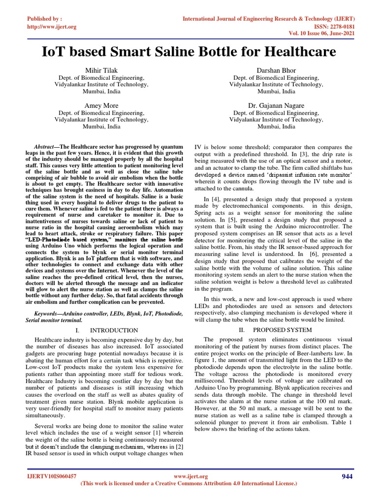 Iot Based Smart Saline Bottle For Healthcare IJERTV10IS060457 | PDF ...