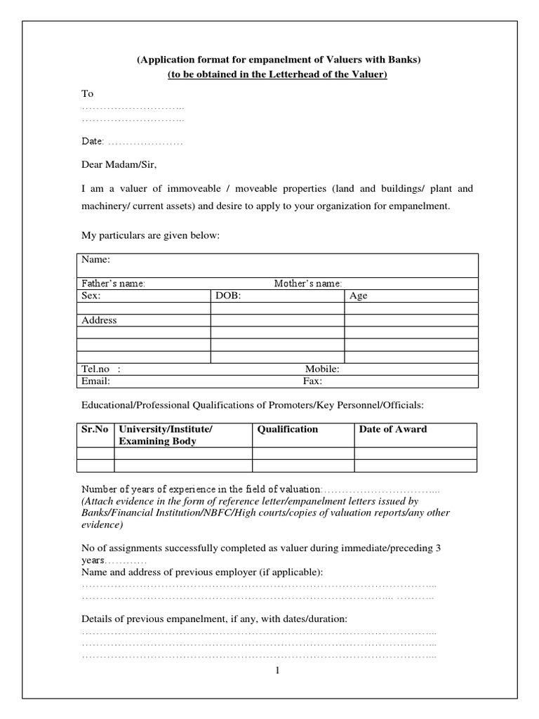 (Application Format For Empanelment of Valuers With Banks) (To Be ...