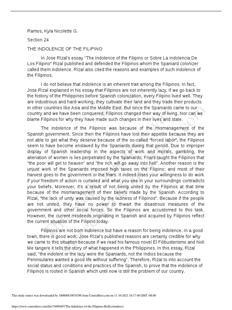 The Indolence of The Filipinos Reflection | PDF | Philippines