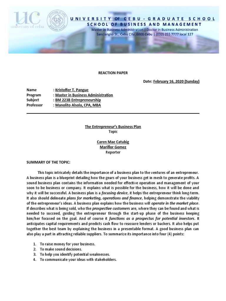 06 Reaction Paper - The Entrepreneur's Business Plan | PDF ...