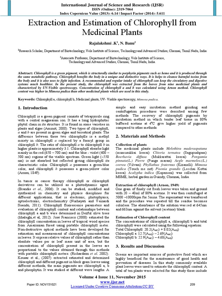 Extraction and Estimation of Chlorophyll From Medicinal Plants | PDF ...
