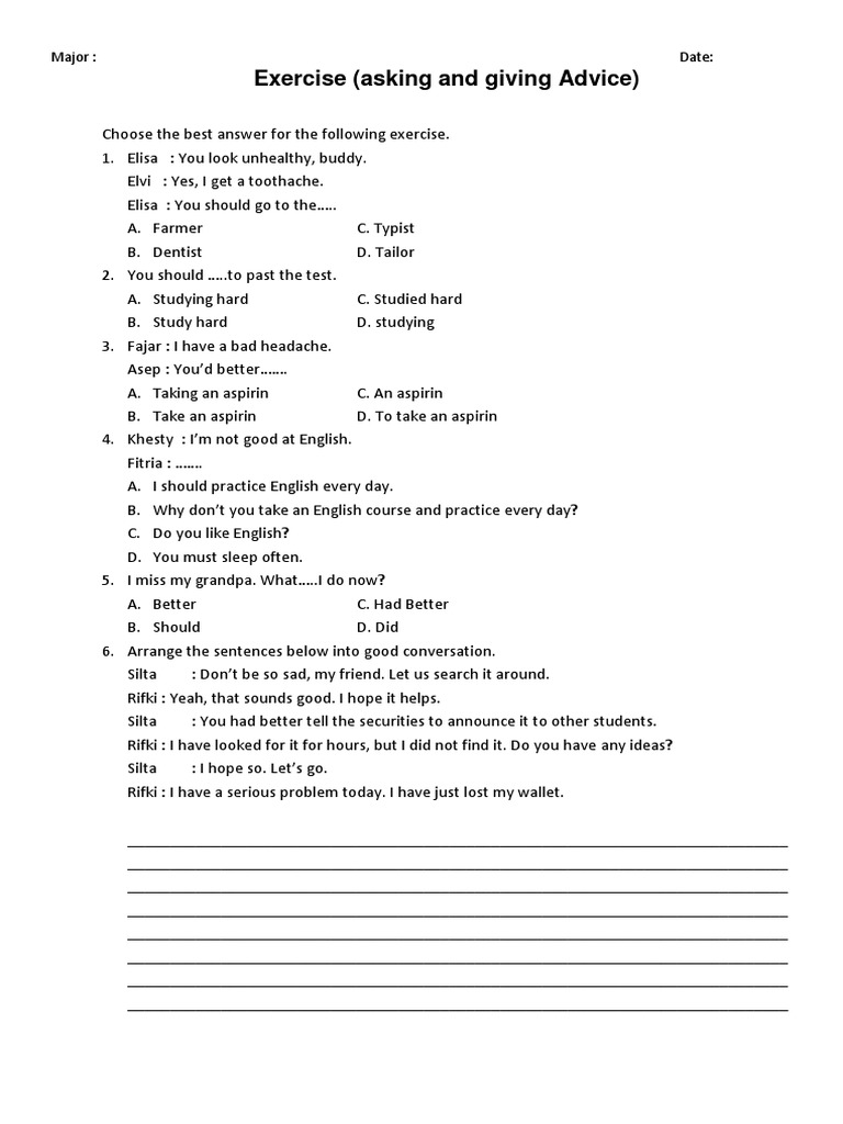 Exercise For Asking and Giving Advice | PDF