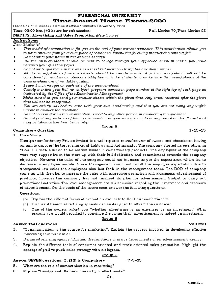 Advertising and Sales Promotion 2020 Question VII | Download Free PDF ...
