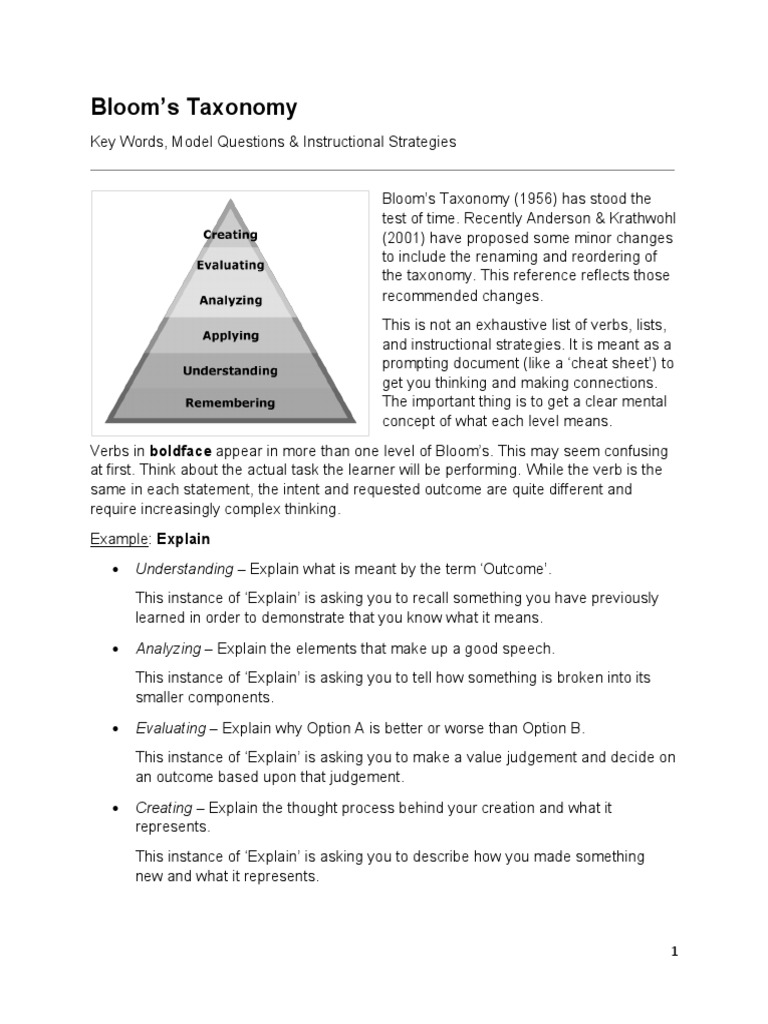 Bloom's Taxonomy Handout | PDF | Analogy | Psychology