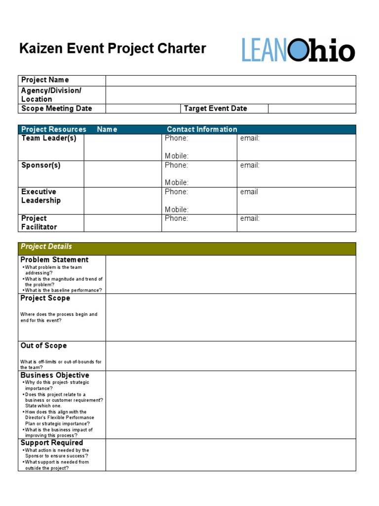 Kaizen Event Project Charter: Project Name Agency/Division/ Location ...