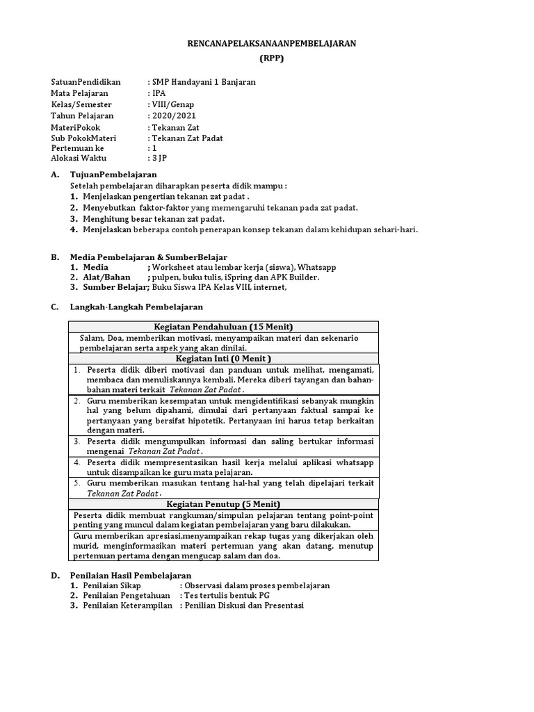 RPP KLS 8 Pertemuan 1 Tekanan Zat Padat | PDF | Karier & Perkembangan