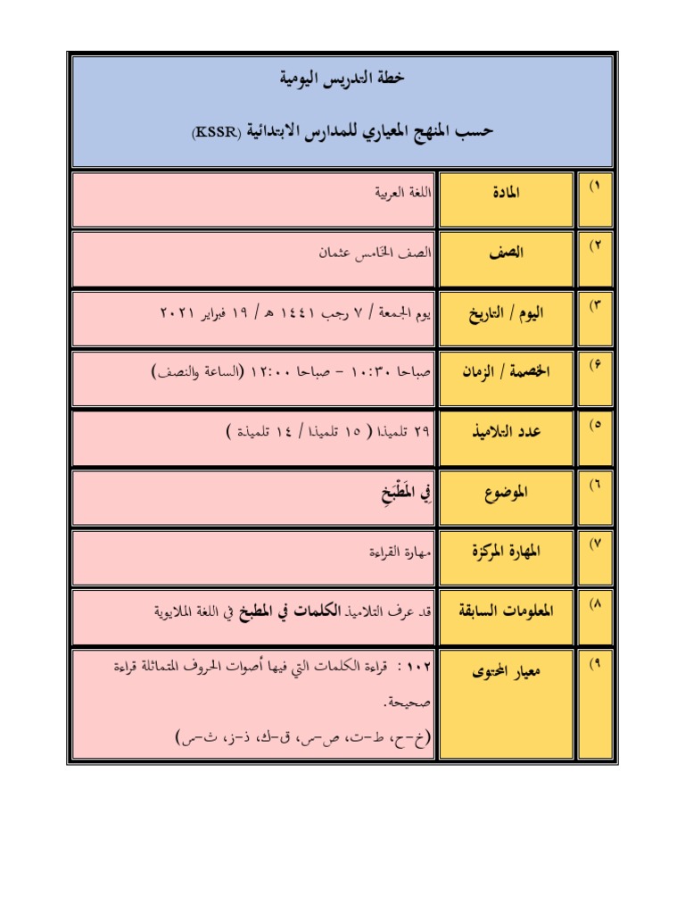 RPH Arab Kemahiran Membaca | PDF