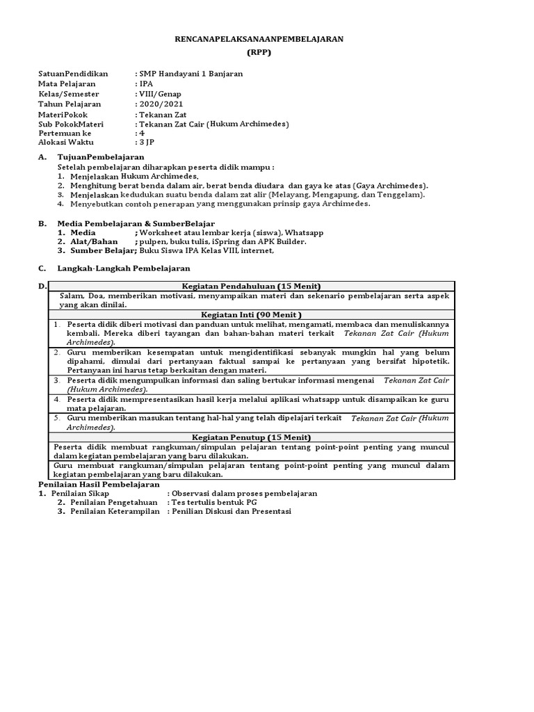 RPP KLS 8 Pertemuan 4 Tekanan Zat Cair (Hukum Archimedes) | PDF