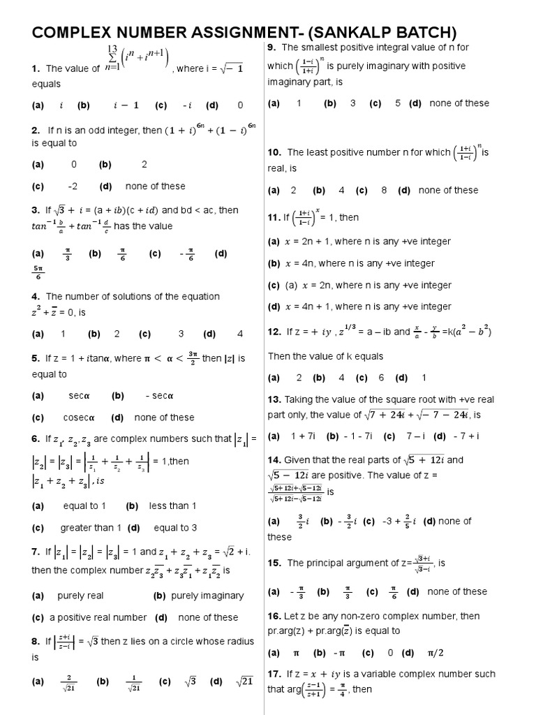 Complex Number Assignment - (Sankalp Batch) | PDF | Complex Number ...