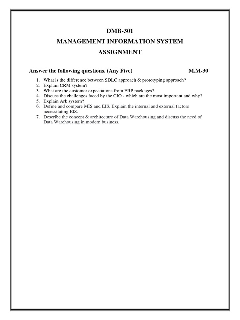 DMB-301 Management Information System Assignment: Answer The Following Questions. (Any Five) M.M ...