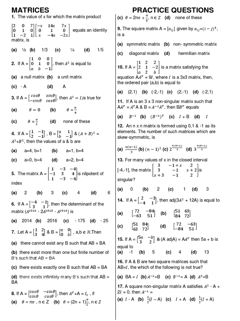 Matrices Practice Questions: Solutions and Key Concepts | PDF | Matrix (Mathematics ...