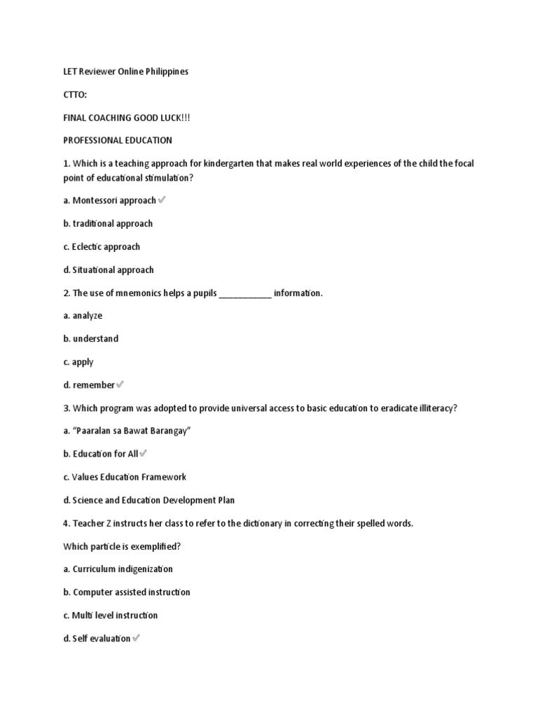 LET Reviewer Final Coaching | PDF | Educational Assessment | Teachers