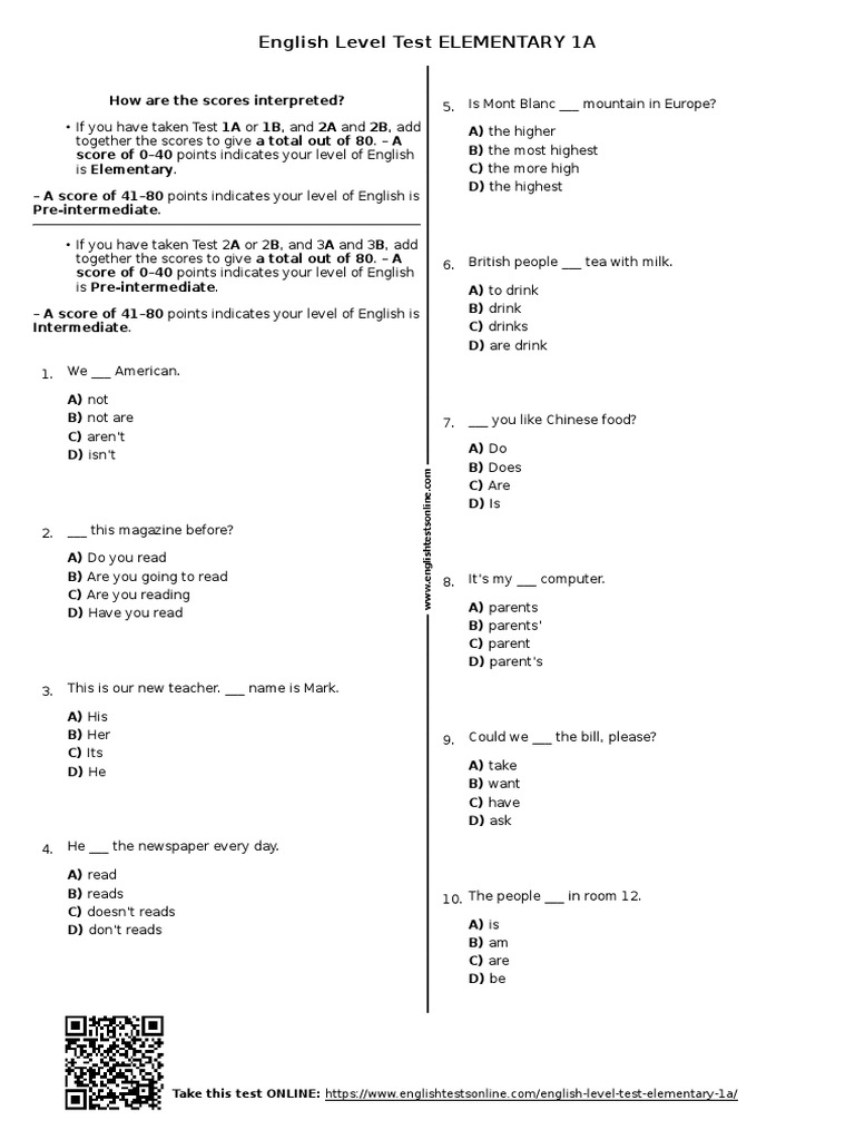 1 - English Level Test Elementary 1a | PDF