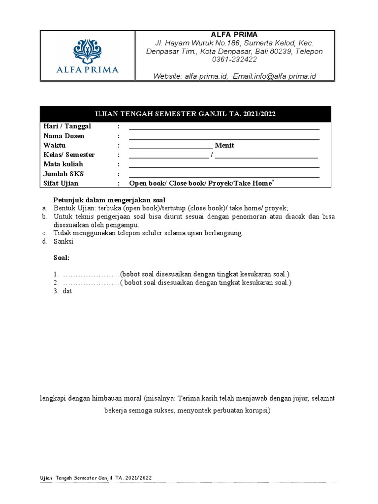 Template Soal Ujian Tengah Semester | PDF