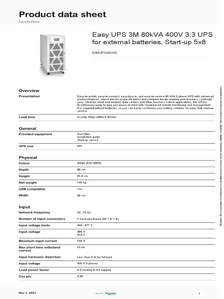 Product Data Sheet: Easy UPS 3M 80kVA 400V 3:3 UPS For External ...