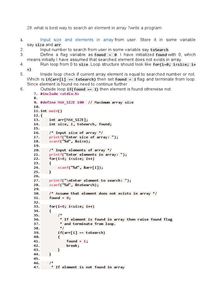 Input Size and Elements in Array: 28. What Is Best Way To Search An Element in Array ?write A ...