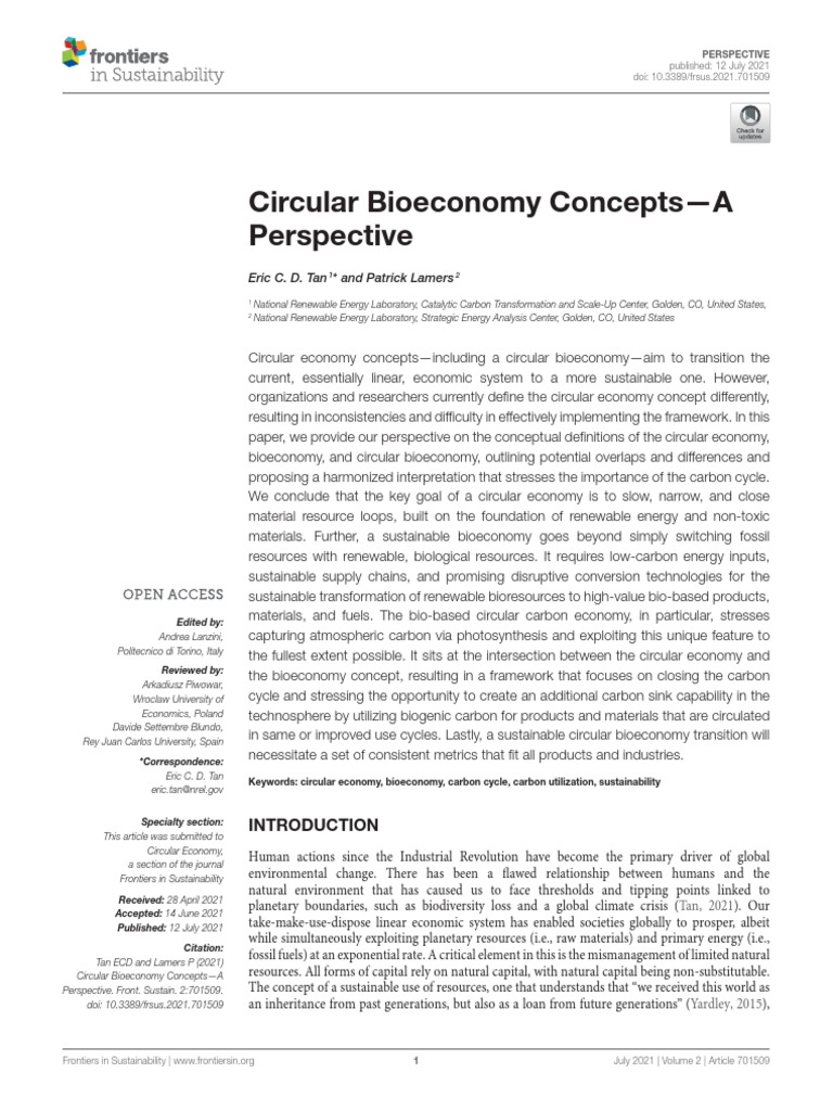 Circular Bioeconomy Concepts-A Perspective: Eric C. D. Tan and Patrick Lamers | PDF