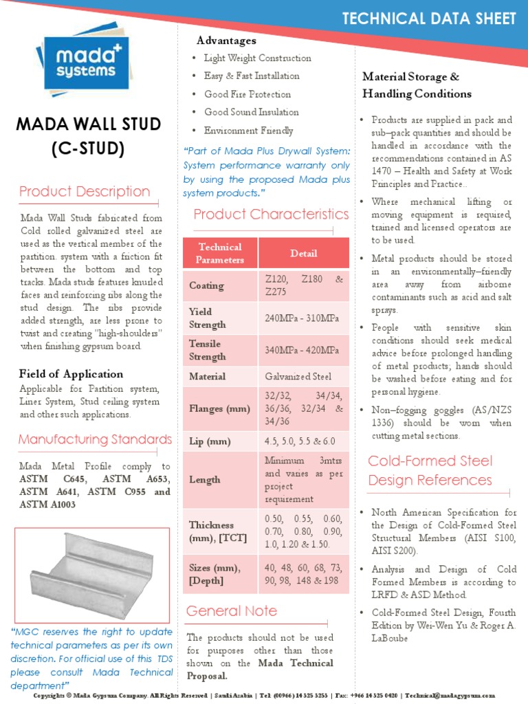 Mada Wall Stud (C-STUD) : Product Description Product Characteristics ...