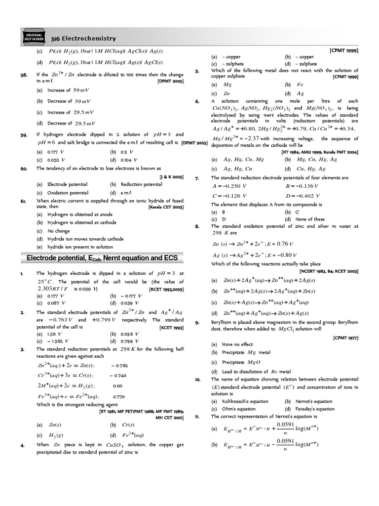 Electrode Potential, Ecell, Nernst Equation and Ecs | PDF | Redox ...