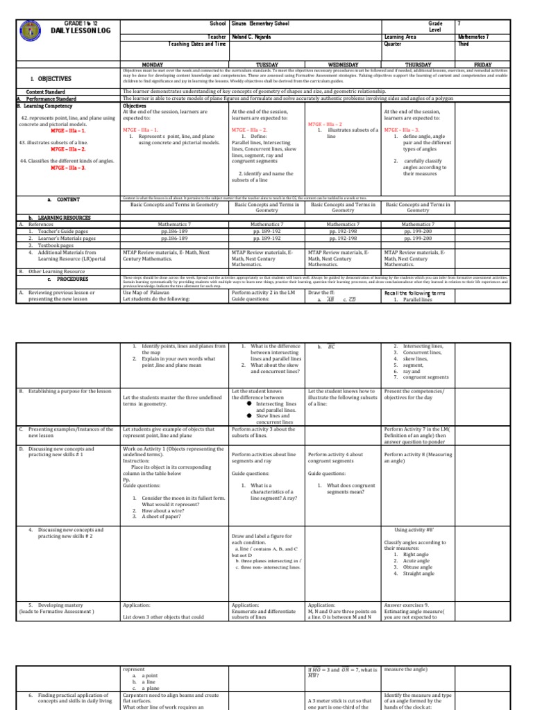 DLL Math Grade7 Quarter3 Week1 PDF Free | PDF | Line (Geometry ...