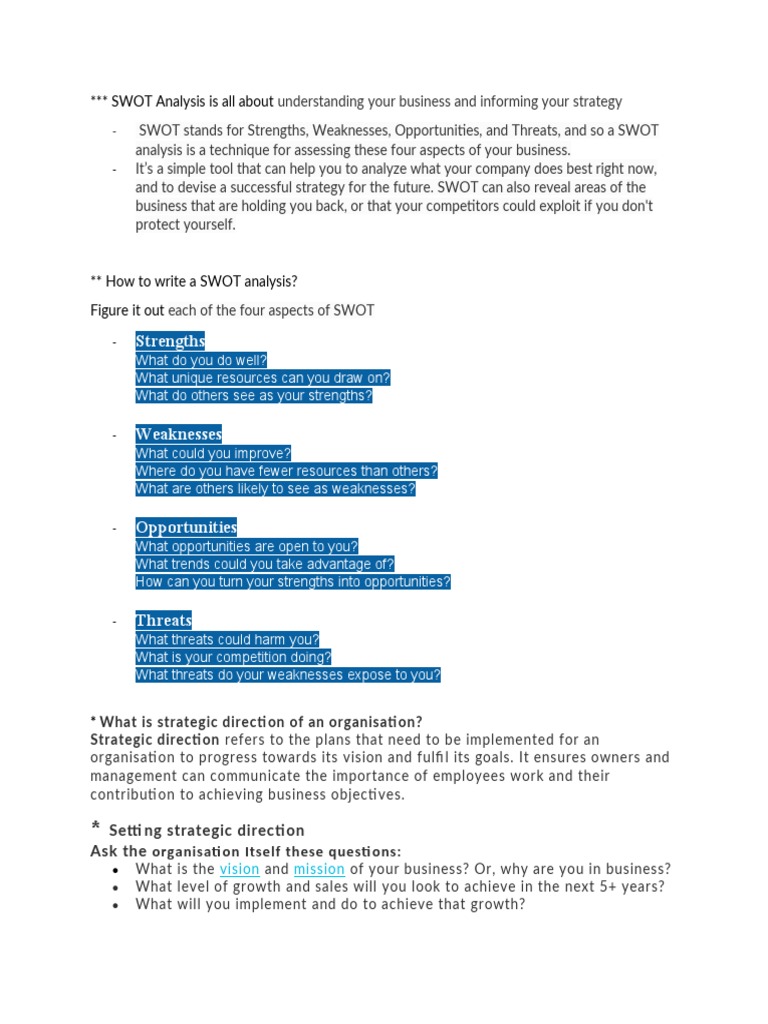 SWOT Analysis and Strategy Direction | PDF | Swot Analysis | Business
