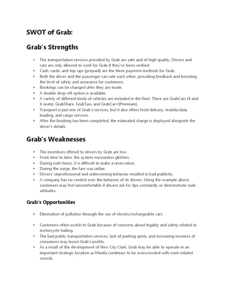 SWOT of Grab: Grab's Strengths | PDF | Transport | Service Industries