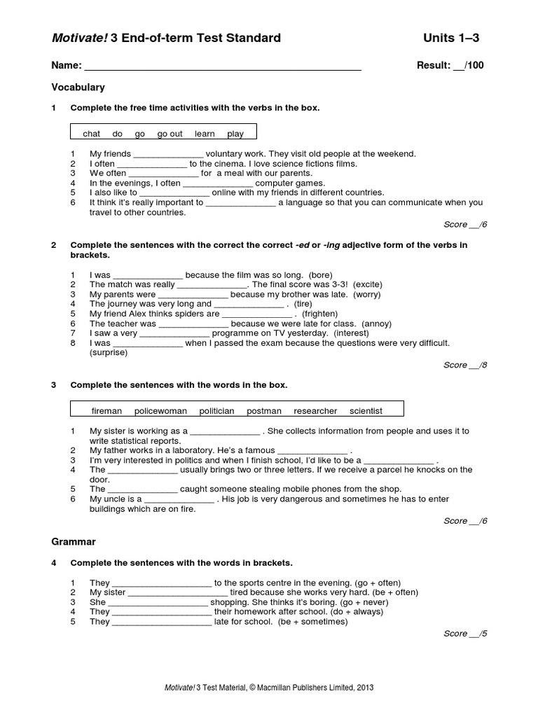 Motivate! 3 End-Of-Term Test Standard: Units 1-3 | PDF | Sentence ...