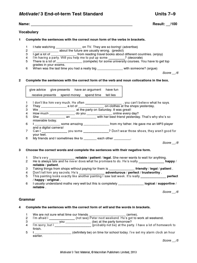 Motivate! 3 End-Of-Term Test Standard: Units 7 - 9 | PDF | Academy Awards