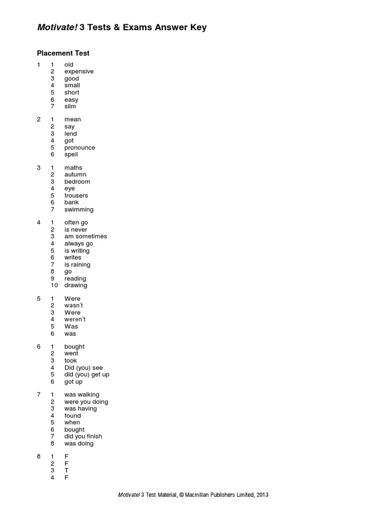 Motivate! 3 Tests & Exams Answer Key: Placement Test | PDF | Internet