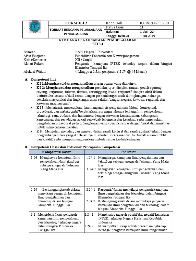 RPP PPKN KD 3.4 Kelas 12 IPTEK | PDF