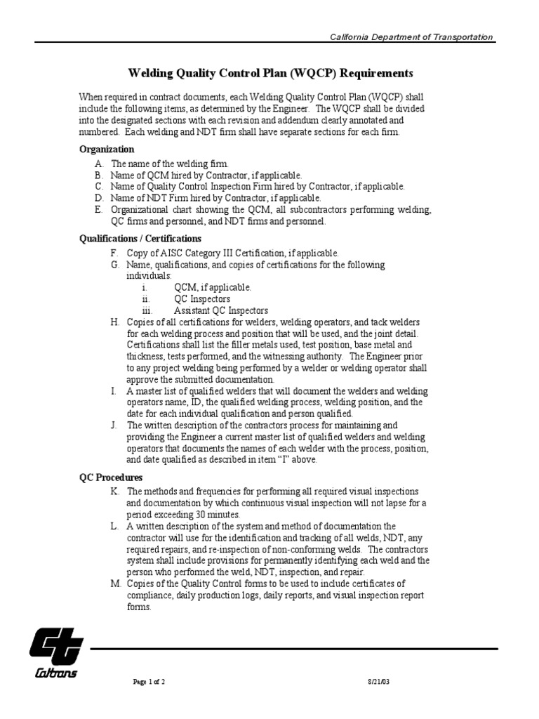 Welding Quality Control Plan Req | PDF | Nondestructive Testing | Welding