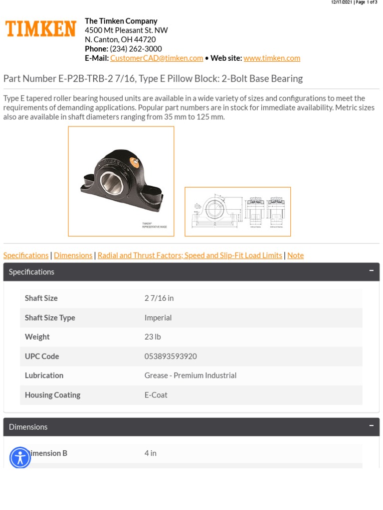 Part Number E-P2B-TRB-2 7/16, Type E Pillow Block: 2-Bolt Base Bearing | PDF | Screw | Bearing ...